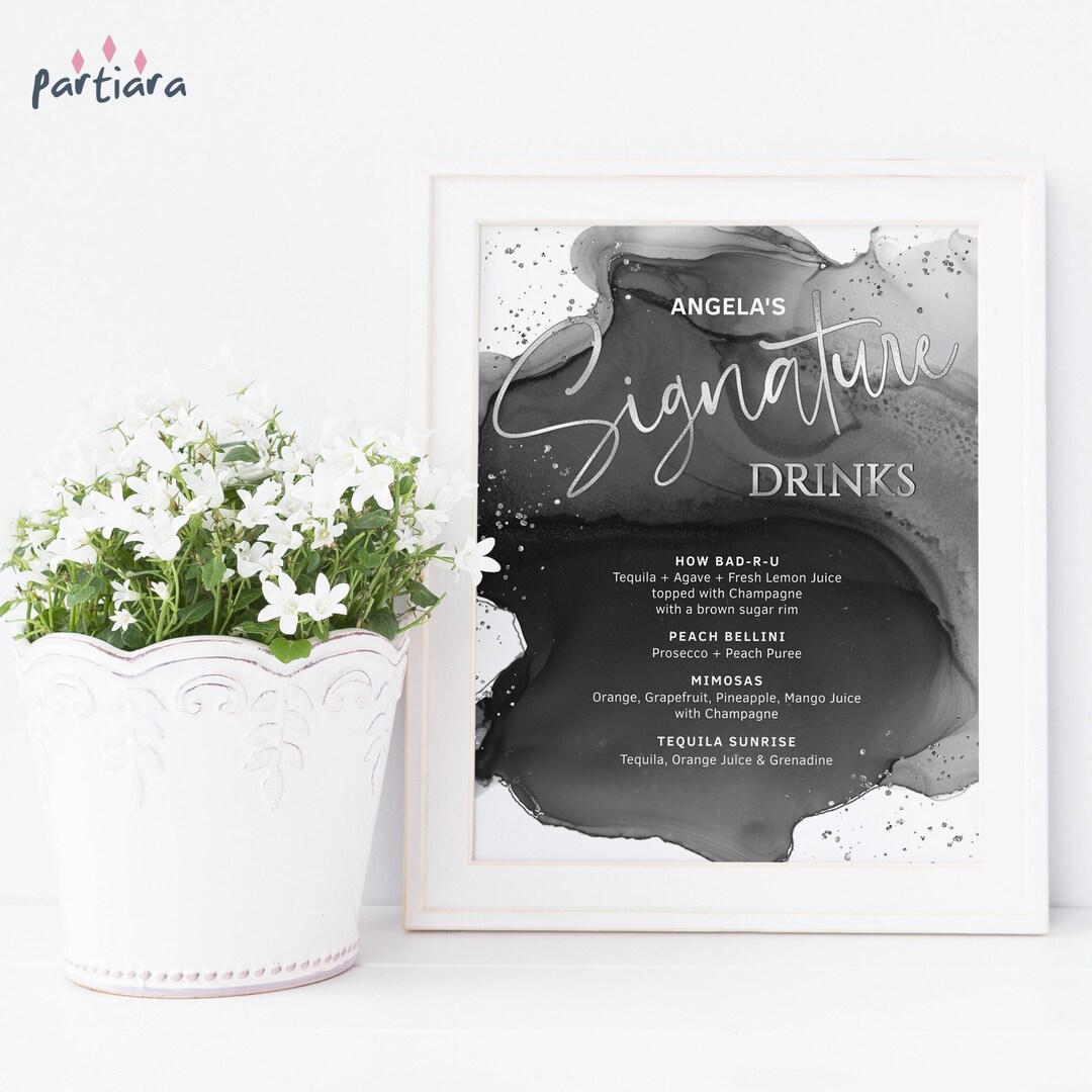 Birthday Signature Drinks Menu Sign Printable, Shades of Black Bar ...