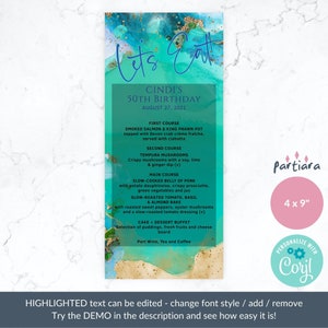 Editable Table Menu Card Template, Turquoise Blue Gold Birthday Menus ...
