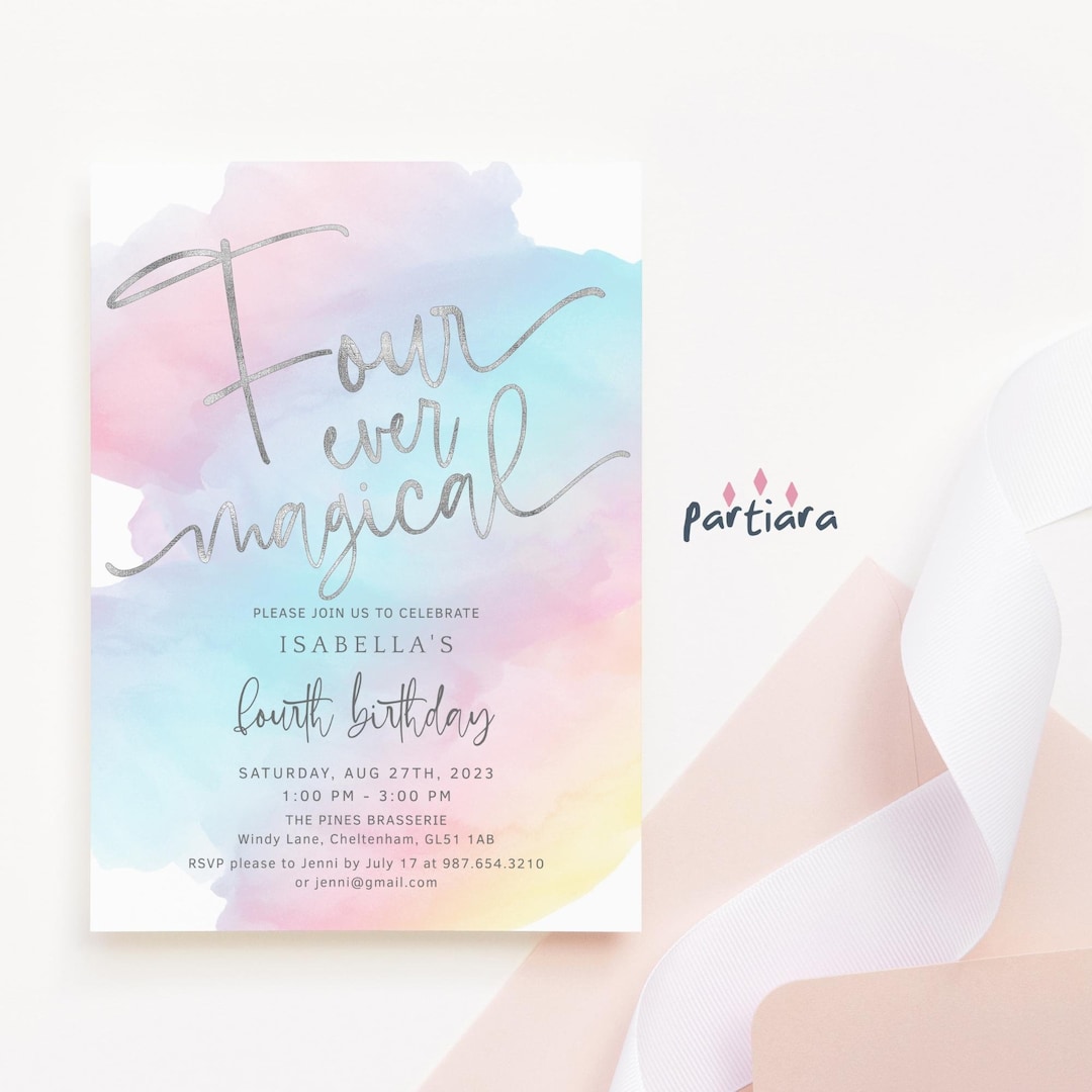 Girl 4th Birthday Invite Fourever Magical Invitations Pastel Rainbow ...
