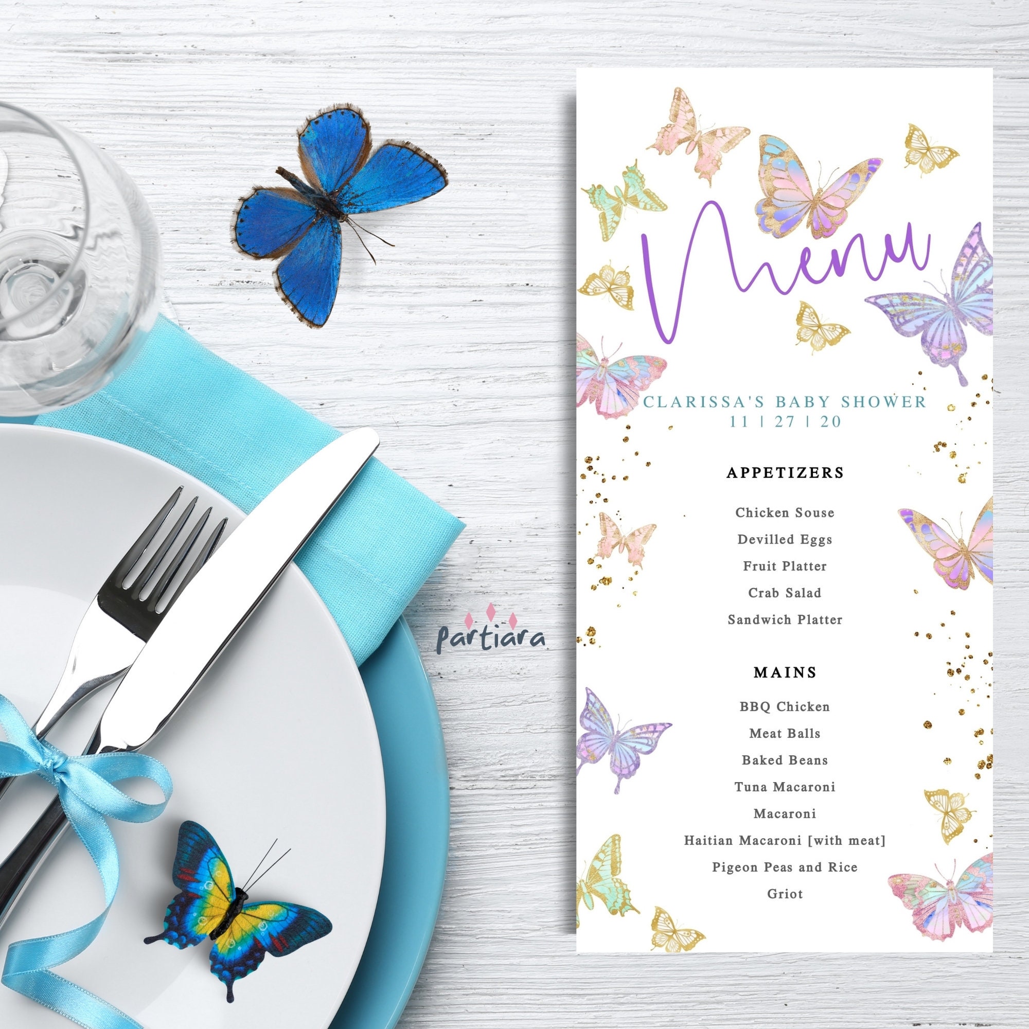 EDITABLE Butterflies Menu Card Template Printable Baby Shower | Etsy
