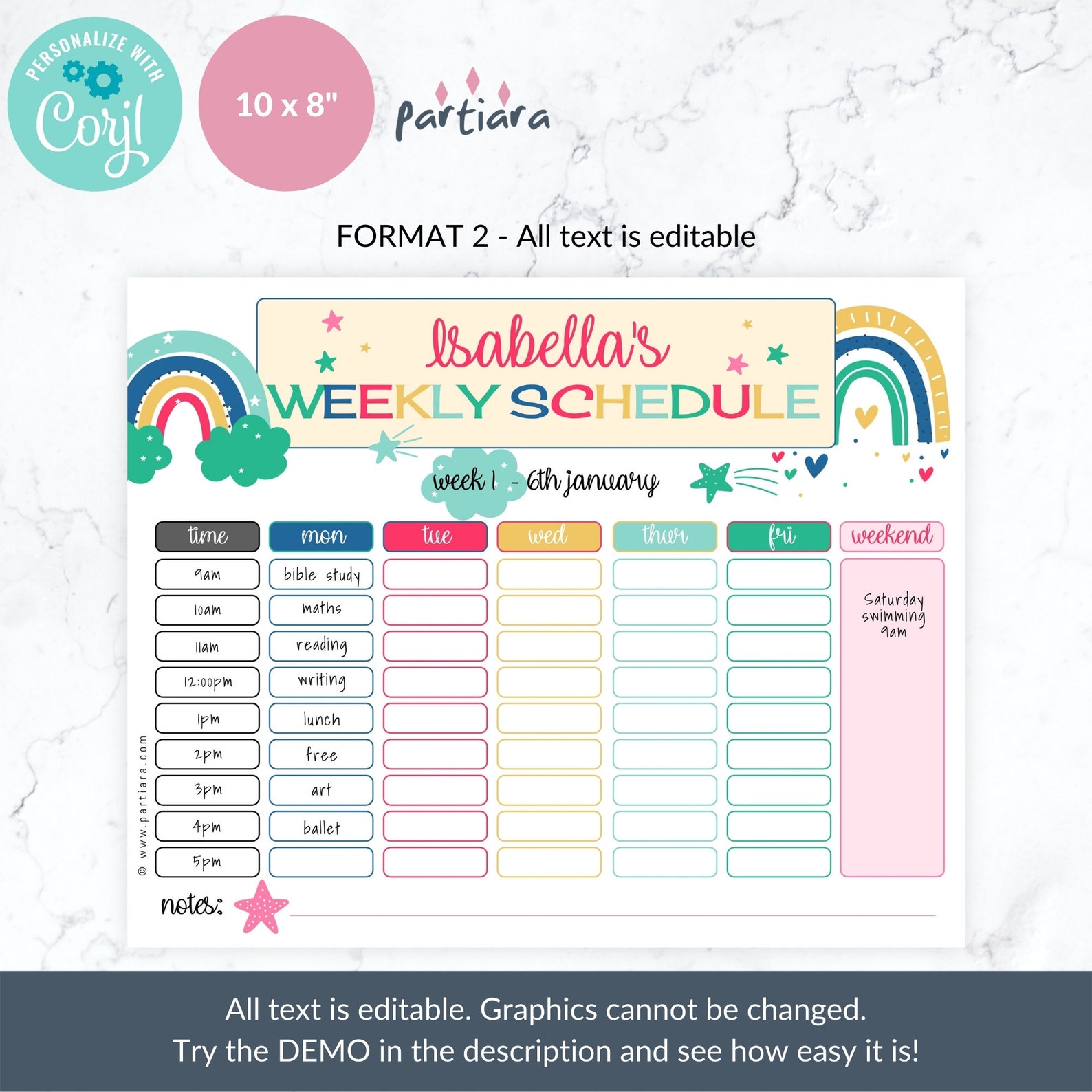 Kids Weekly Planner, Girls Daily Schedule Template, Rainbow Homework ...