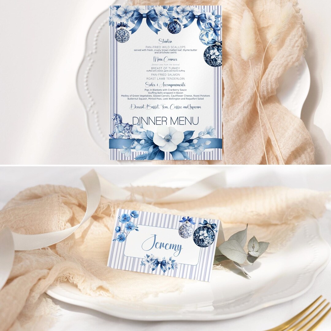 Blue Christmas Menu, Chinoiserie Place Card Template Set, Vintage ...