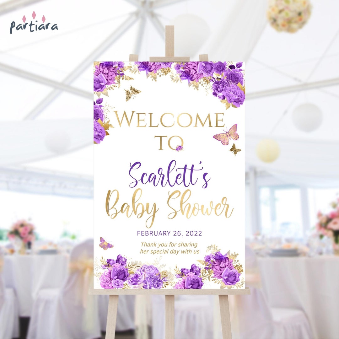 Butterfly Baby Shower Welcome Sign Purple Pink Floral Decor Printable ...