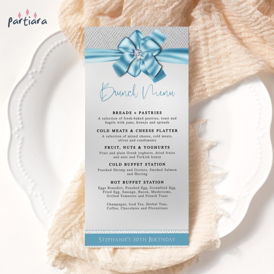 Editable Princess Menu Card Template, Blue Silver Birthday Brunch Menus ...