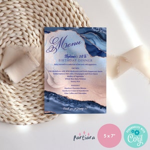 Editable Rose Pink Blue Menu Card Template, Ladies 50th 60th 70th ...