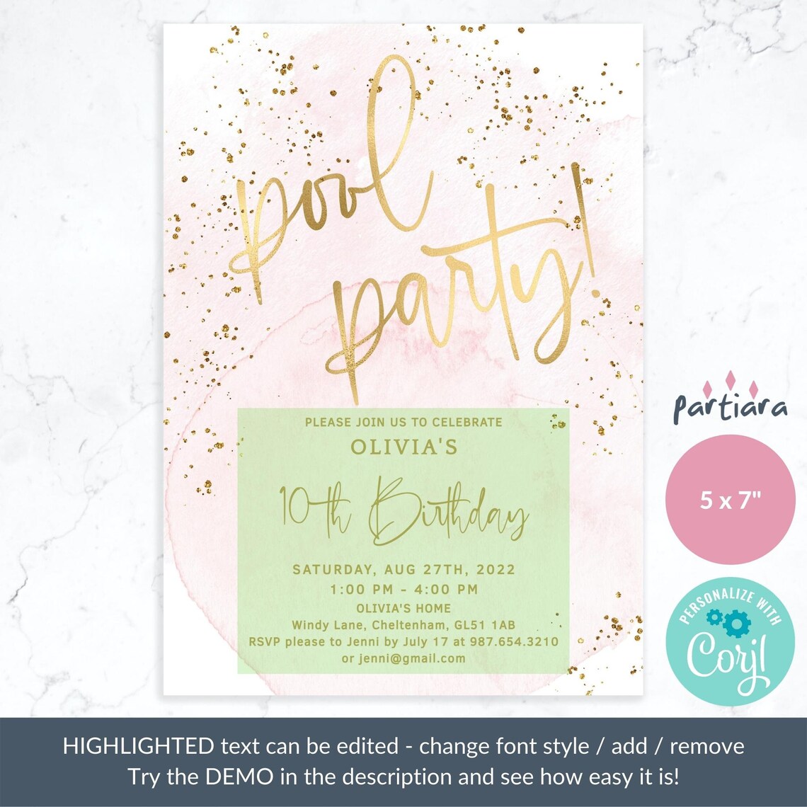Pool Party Invitation Pink and Gold Girl's Birthday Swimming BBQ Garden ...