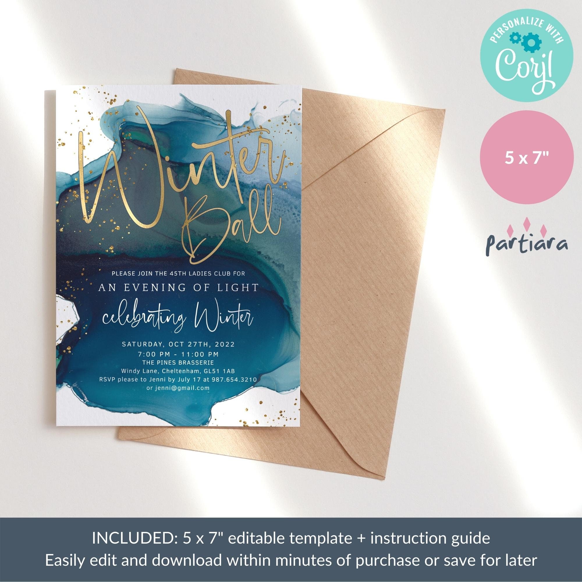 Winter Ball Party Invitation Printable Teal Blue and Gold - Etsy