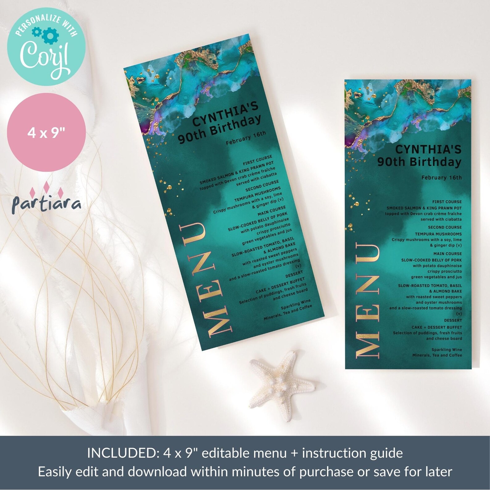 Emerald Green Menu Card Template, Birthday Dinner Party Menus Printable ...