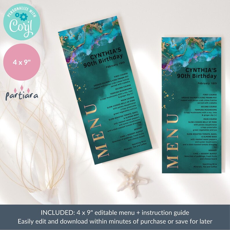 Emerald Green Menu Card Template, Birthday Dinner Party Menus Printable ...