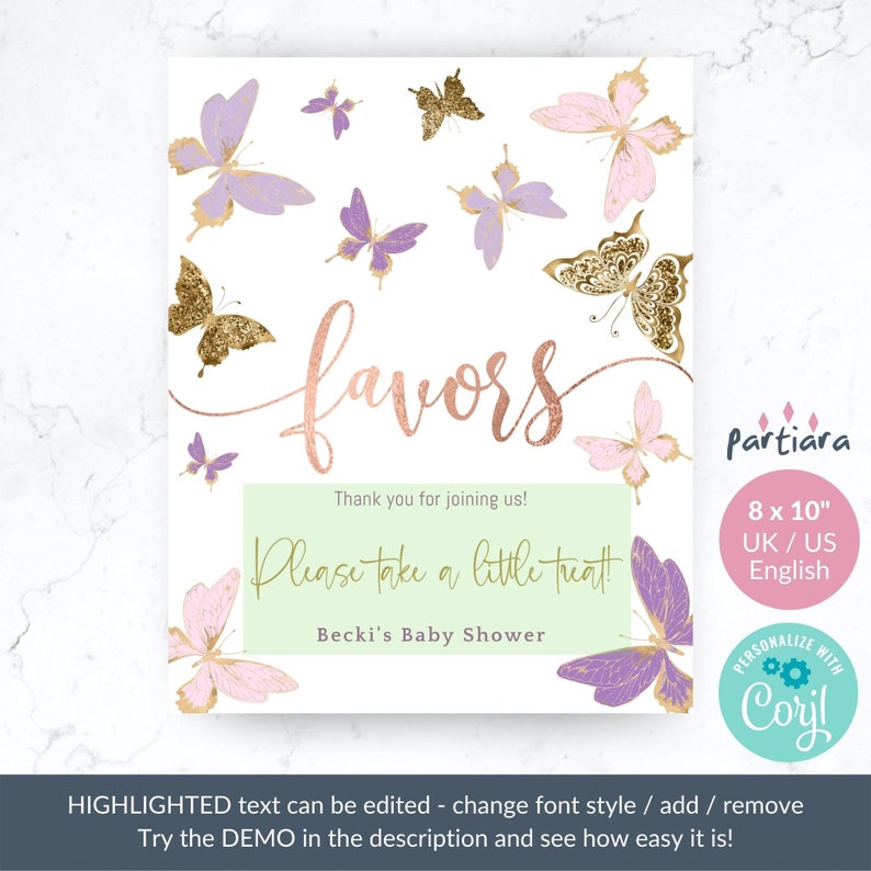Butterfly Baby Shower Favor Sign Printable Girl 1st Birthday | Etsy
