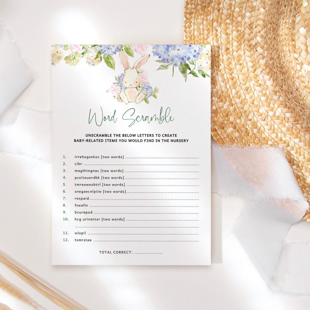 Bunny Baby Shower Game Word Scramble Quiz Activity Printable, Boy or ...