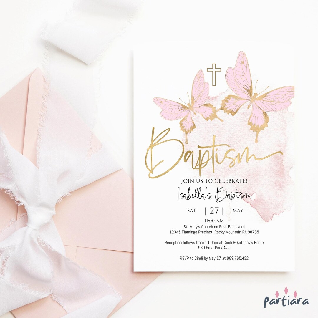 Baby Girls Baptism Invite Butterfly Party Invitations 1st Birthday and ...