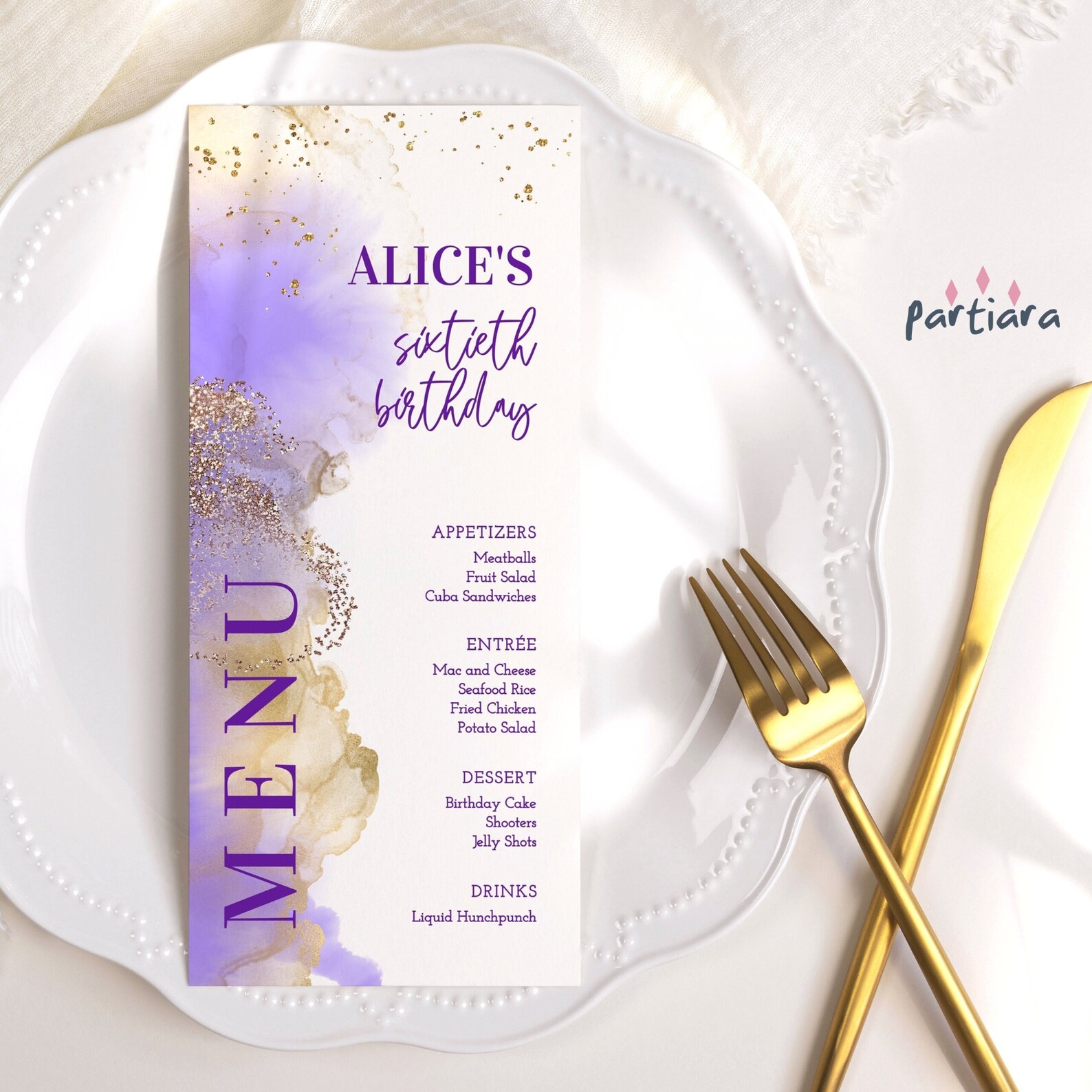 DIY Lilac Gold Birthday Menu Card Editable Template Dinner - Etsy