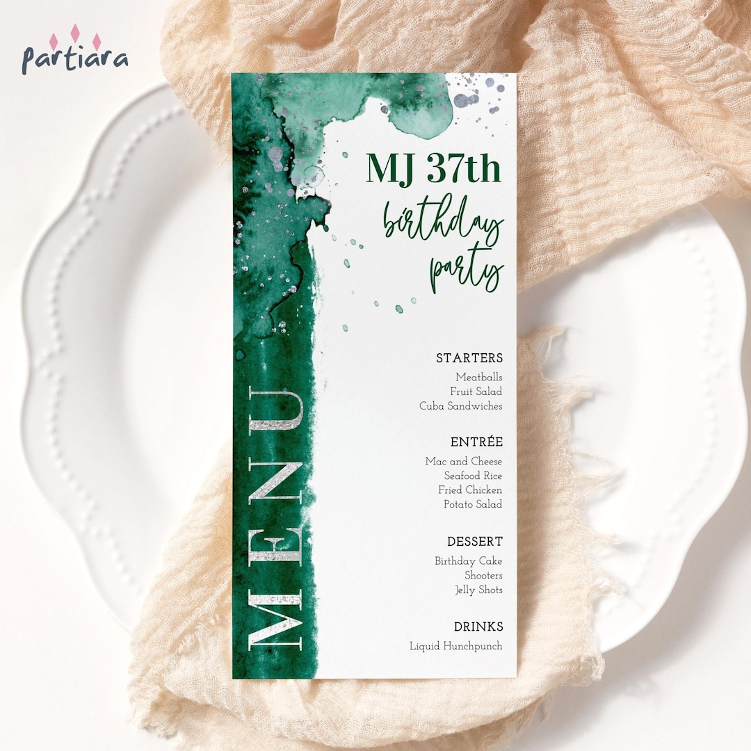 Emerald Green Menu, Silver White Dinner Party Menus Printable, Birthday ...