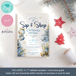 Sip and Shop Flyer Christmas Pop up Shopping Invite Printable Blue and ...