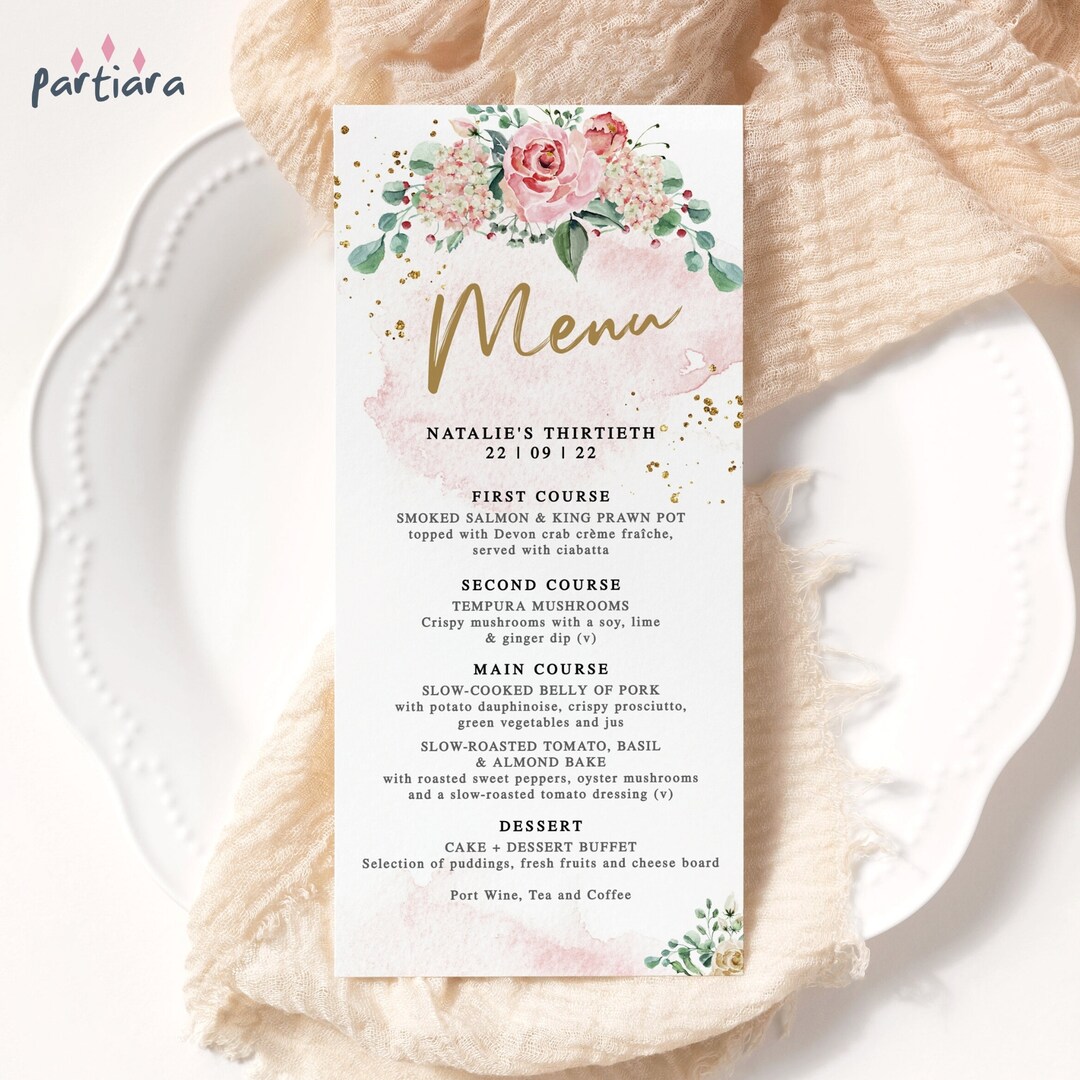 Blush Floral Menu Card Ladies Birthday Table Menus Pink Cream Bridal ...