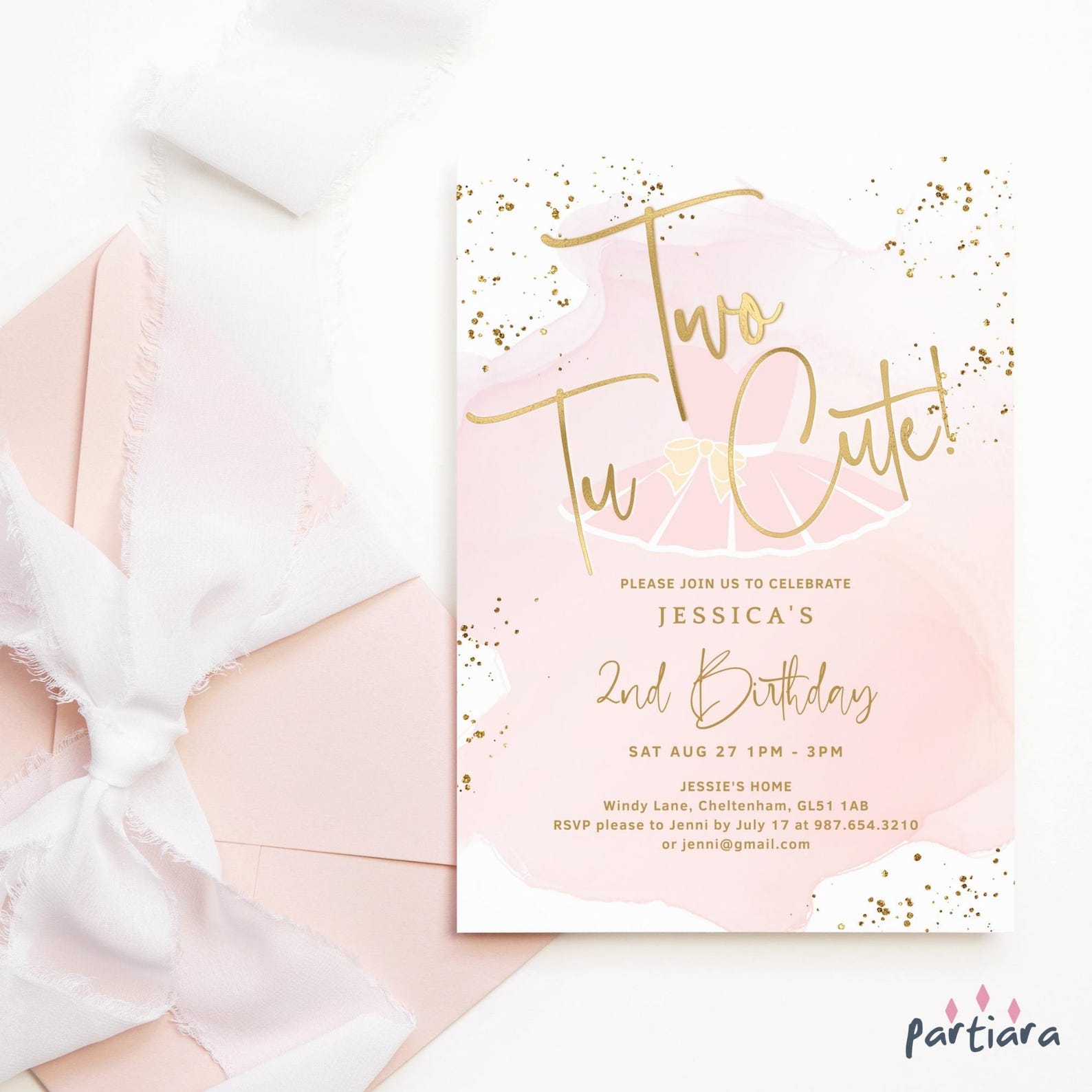 Two Tu Cute Birthday Invitation 2nd Birthday Ballerina Party Invite ...