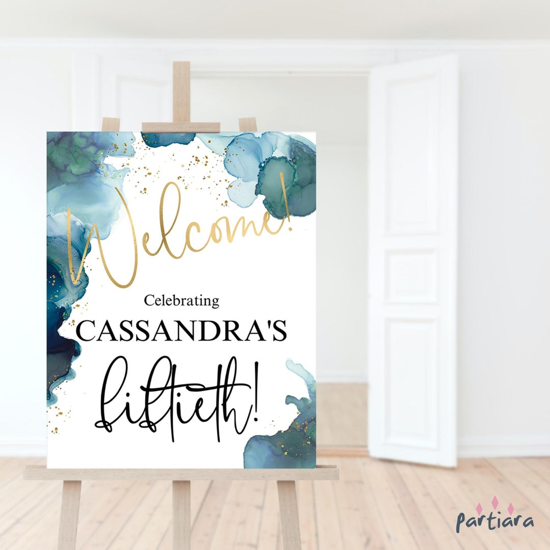 Teal Birthday Welcome Sign Printable, Teal Blue Gold Party Welcome ...