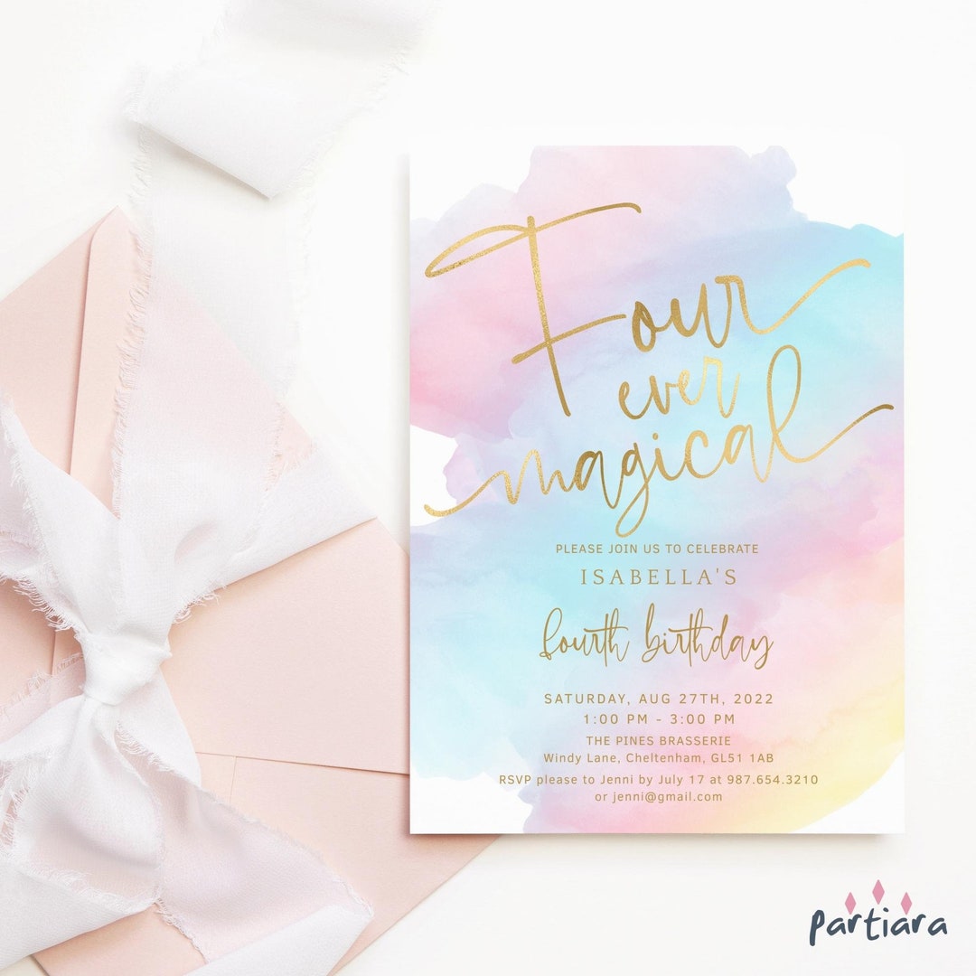 Girl 4th Birthday Invite Fourever Magical Invitations Pastel Rainbow ...