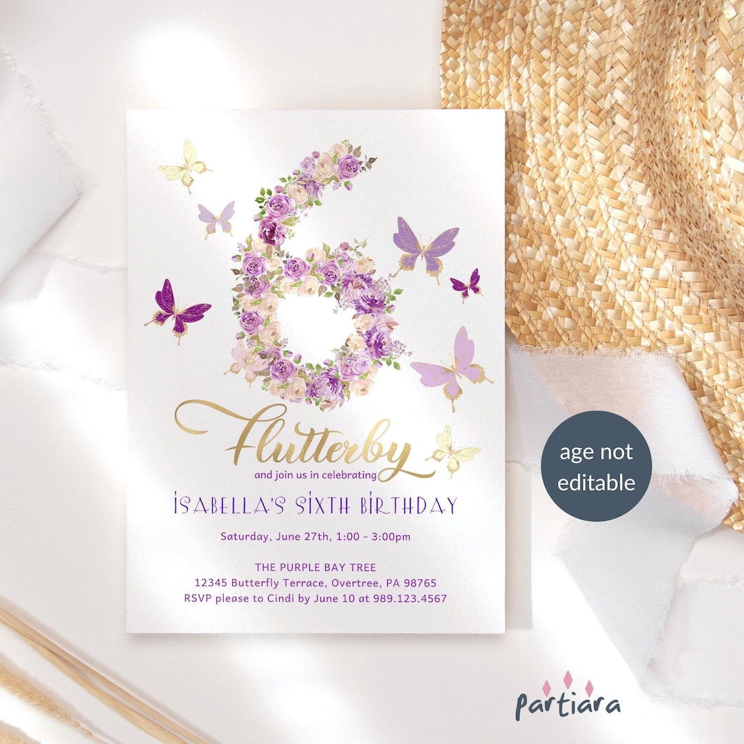 Butterfly 6th Birthday Invitation Printable, Girls 6th Party Invites ...