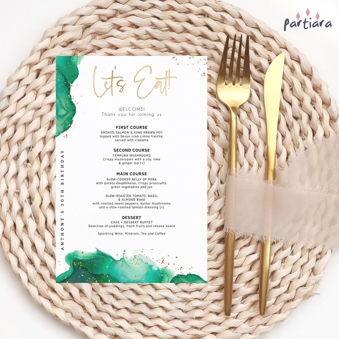 Emerald Green Gold Menus Printable Ladies Teen Girl Birthday Dinner ...