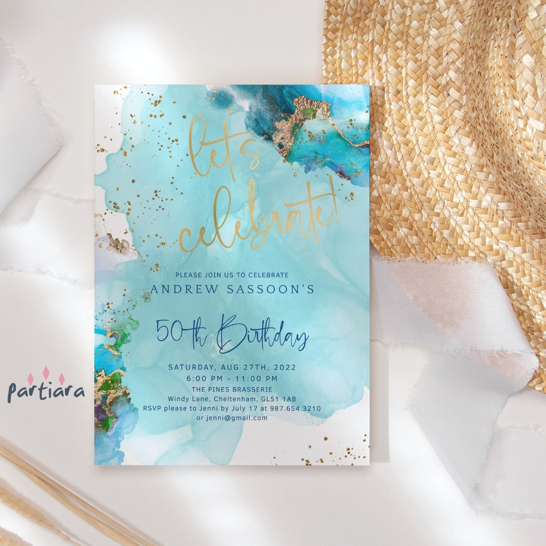 Teal Gold Birthday Invitation Template Editable Party Invites Digital ...