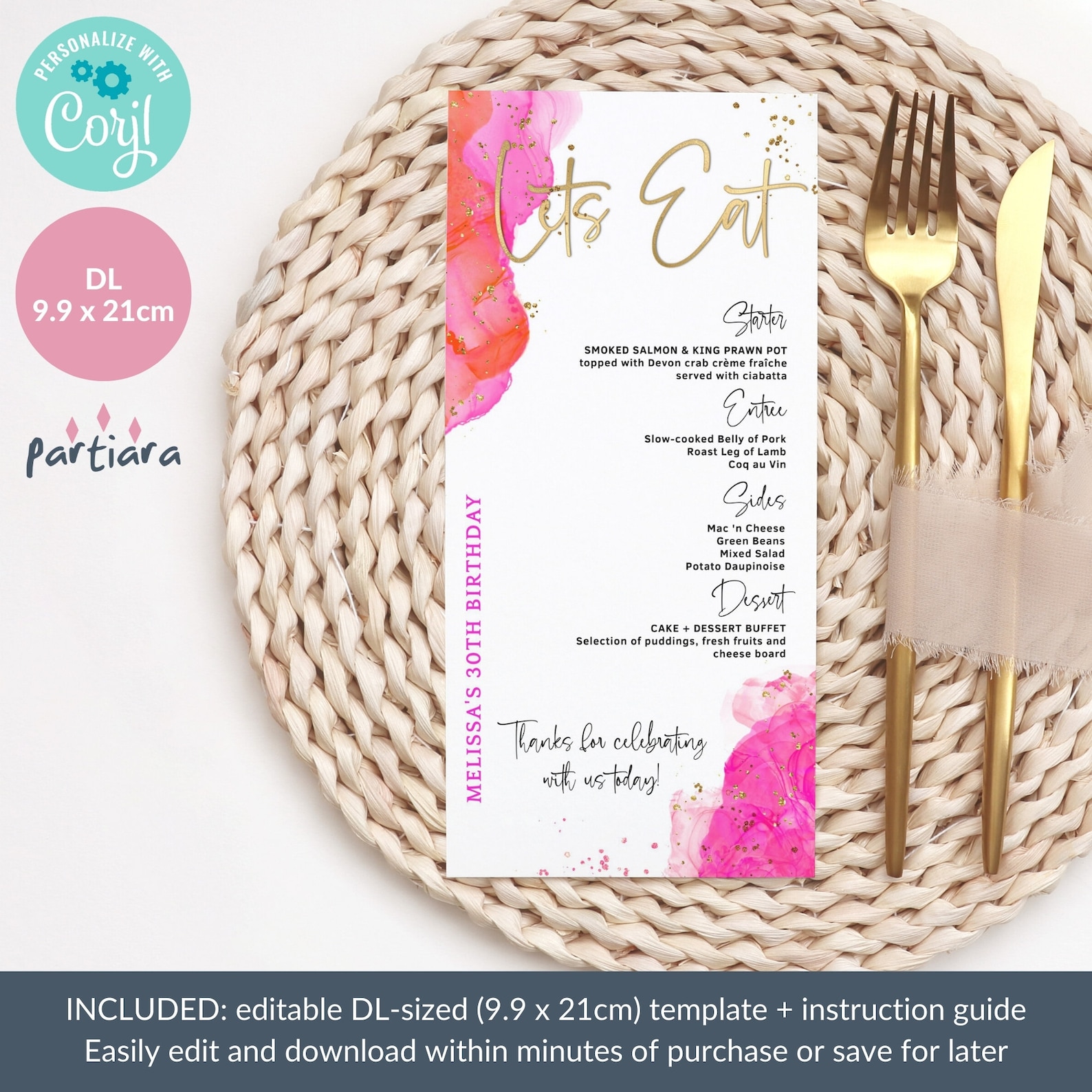 Hot Pink Menu Template: Birthday Dinner Menus Printable, Ladies ...