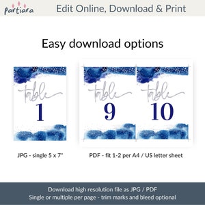 Table Numbers Royal Blue Printable, Silver Blues Birthday Dinner Party ...
