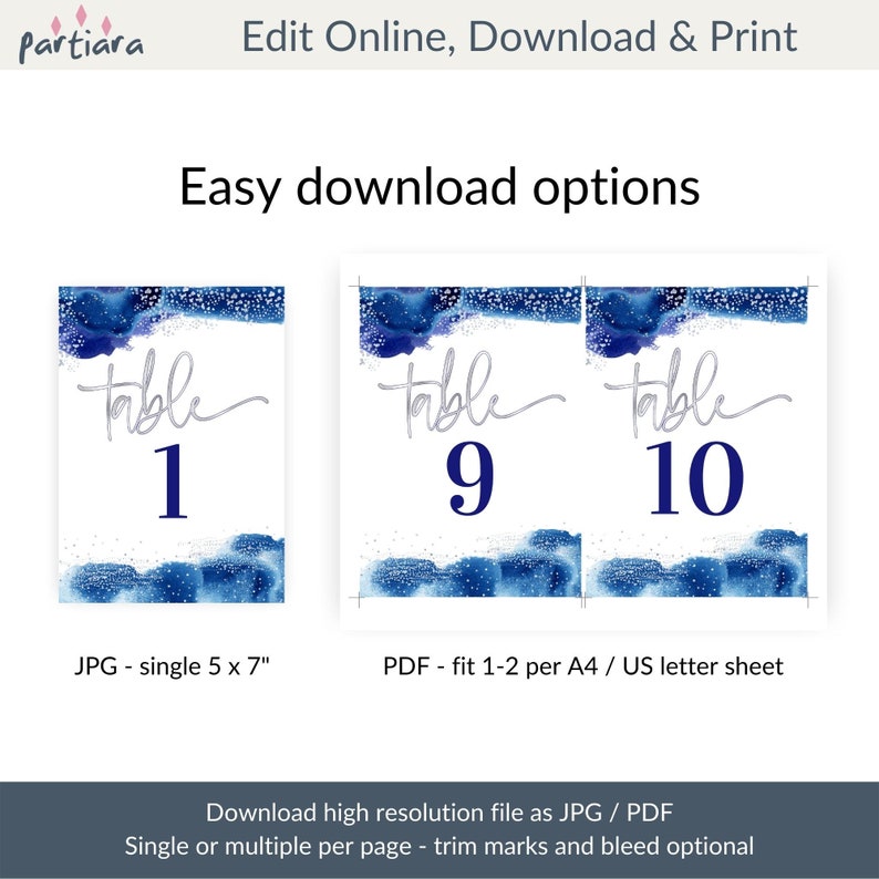 Royal Blue Party Table Numbers Printable Navy Blues Silver - Etsy