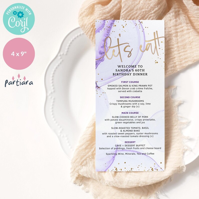 Purple Birthday Menu, Dinner Party Table Menus Printable, Ladies or ...