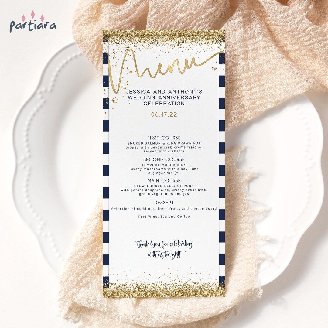 Nautical Menu Card Navy Blue Stripe Birthday Table Menus Printable for ...