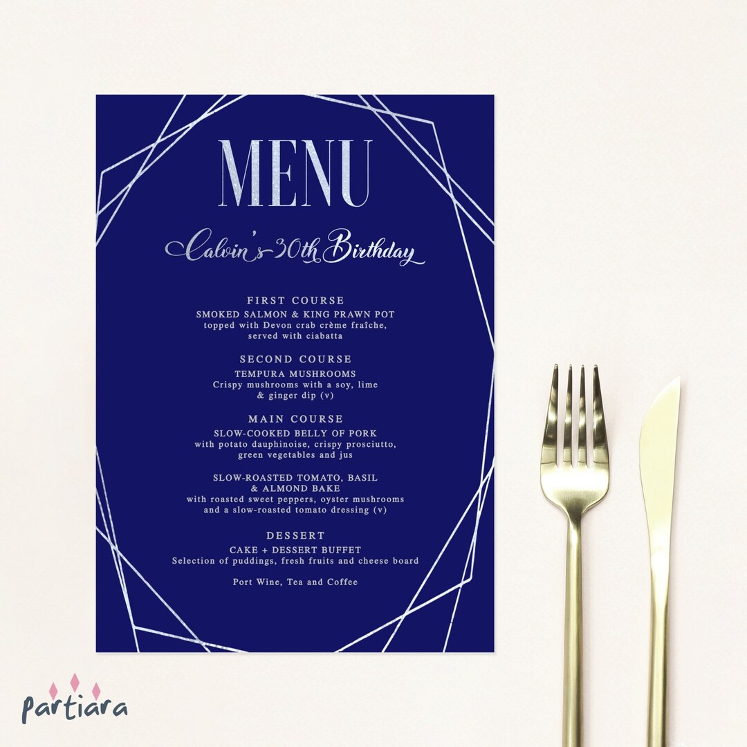 Navy Blue Menu Template, Mens Birthday Dinner Menus Printable, Elegant ...