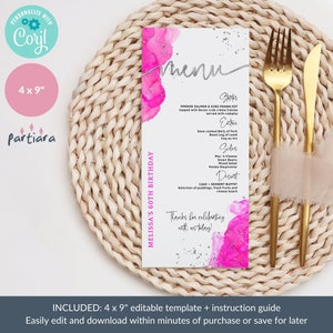 Pink Birthday Menu Template, Shades of Pink Party Table Menus Teen ...