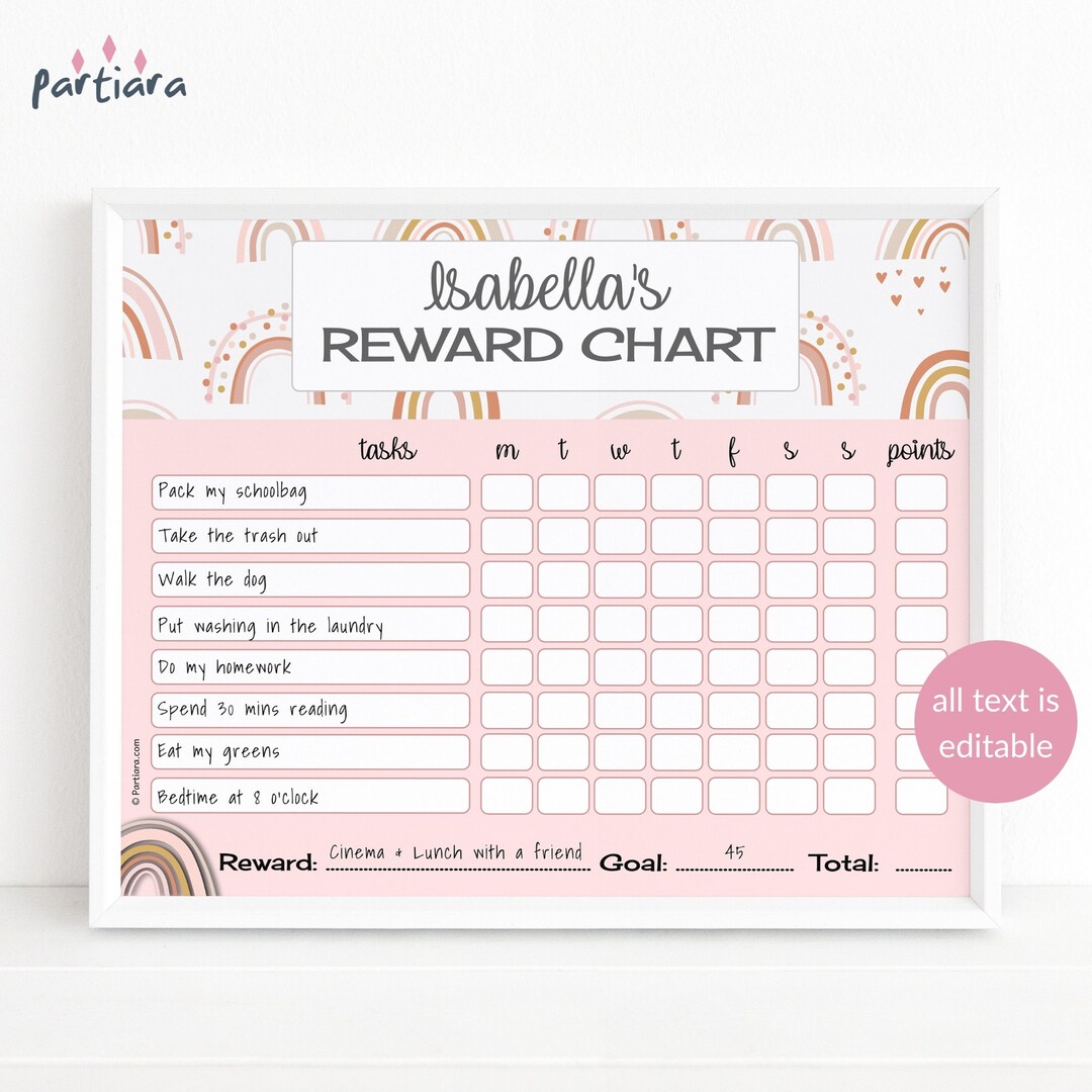 Girl Reward Chart Editable Instant Download Daily Weekly Homework ...