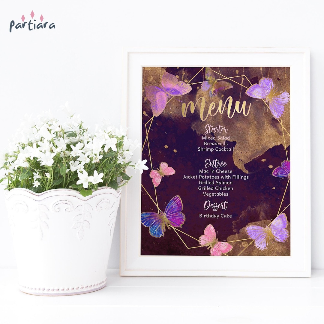 Butterfly Menu Sign Buffet Party Table Ladies Menus Printable Girl Baby ...