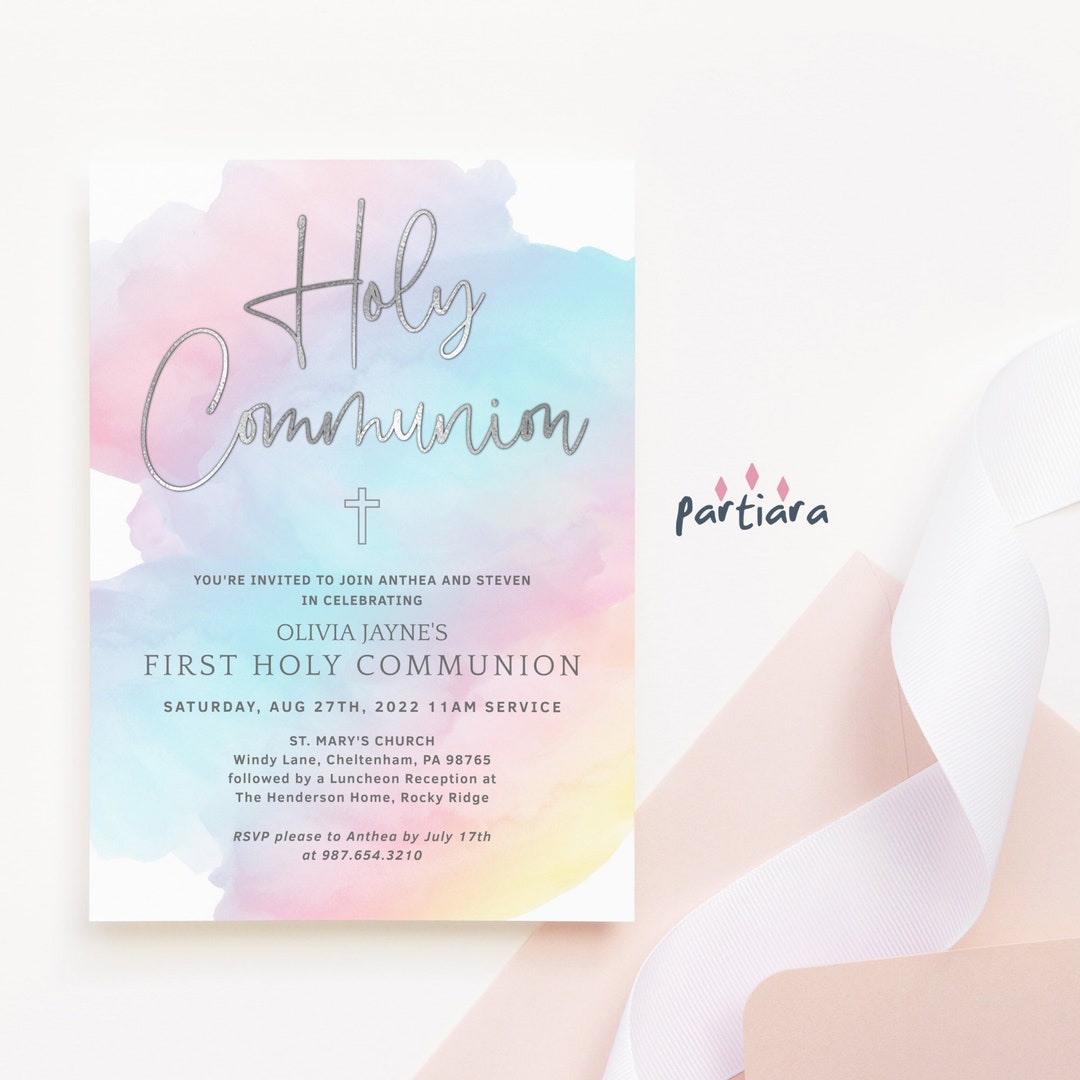Silver Communion Invite Template, Holy Communion Invitation for Girls ...