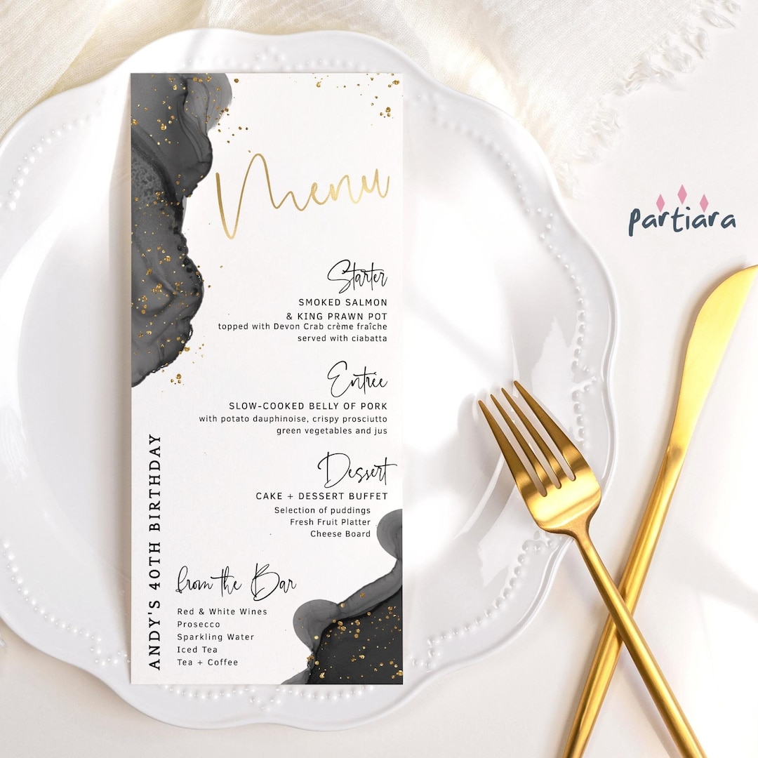 Mens Birthday Menu Template, Teen Boys Party Menus Printable, Black ...