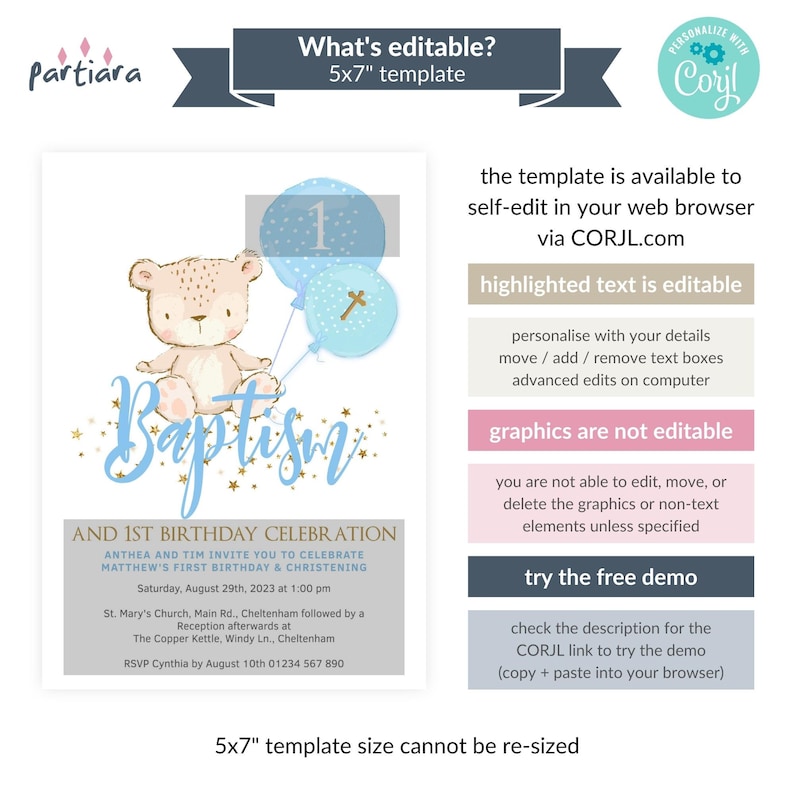 Editable Boy Baptism Invite Teddy Bear Baptism and 1st - Etsy