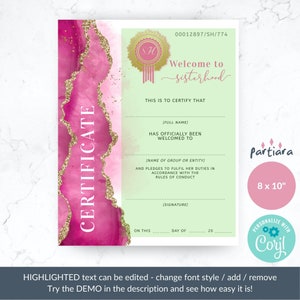 Ladies Certificate Printable Awards Teen Girl Fuchsia Pink Gold Decor ...