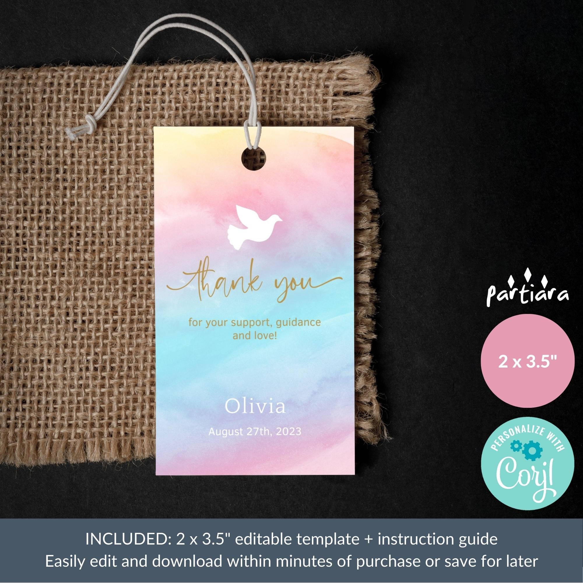 Confirmation Favor Gift Tag Printable Girls Rainbow Pastel Party Thank ...
