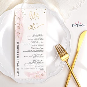 Pastel Pink Menu Card Editable Girl Birthday Party Table Menus ...