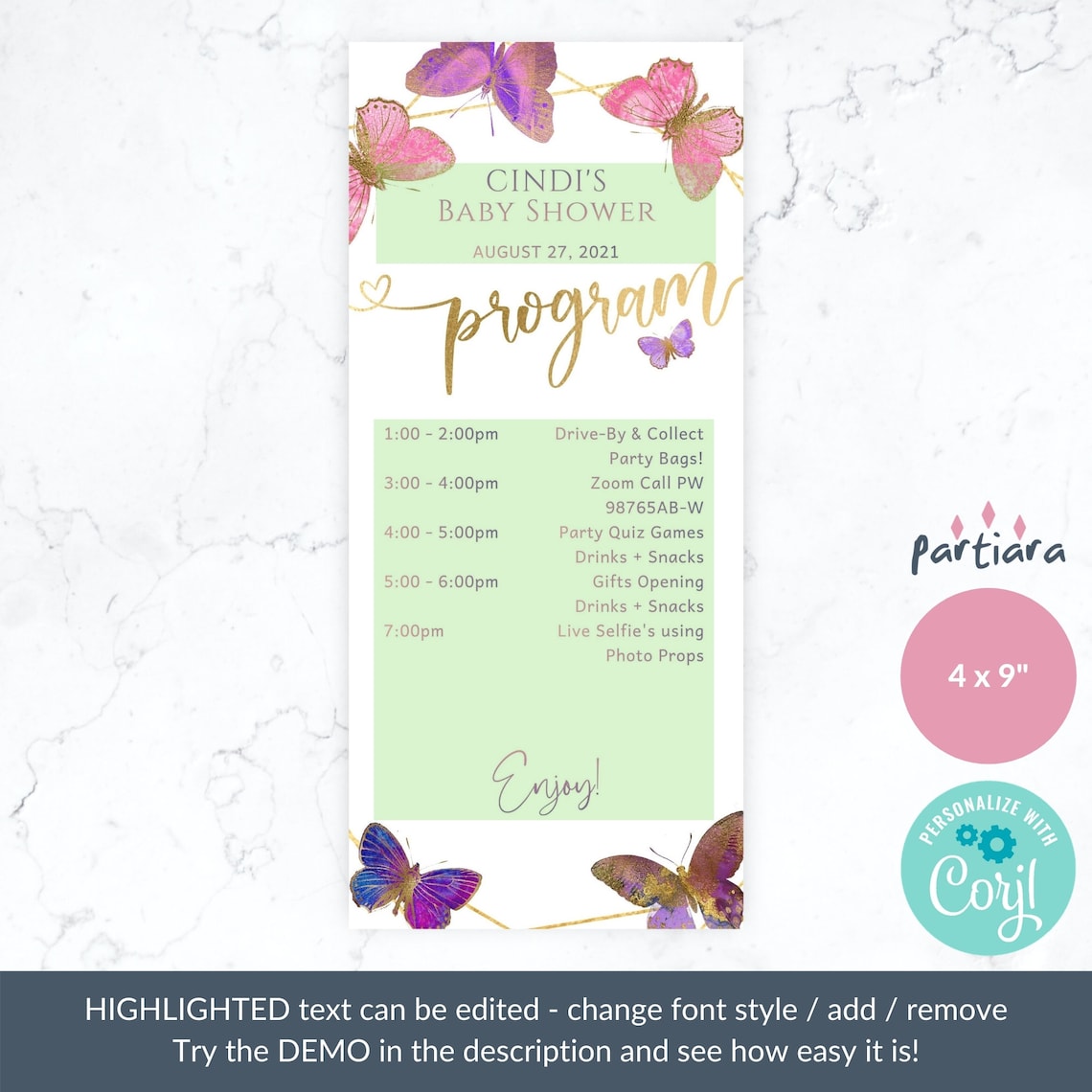 Baby Shower Program Details Card Butterfly Decor EDITABLE - Etsy