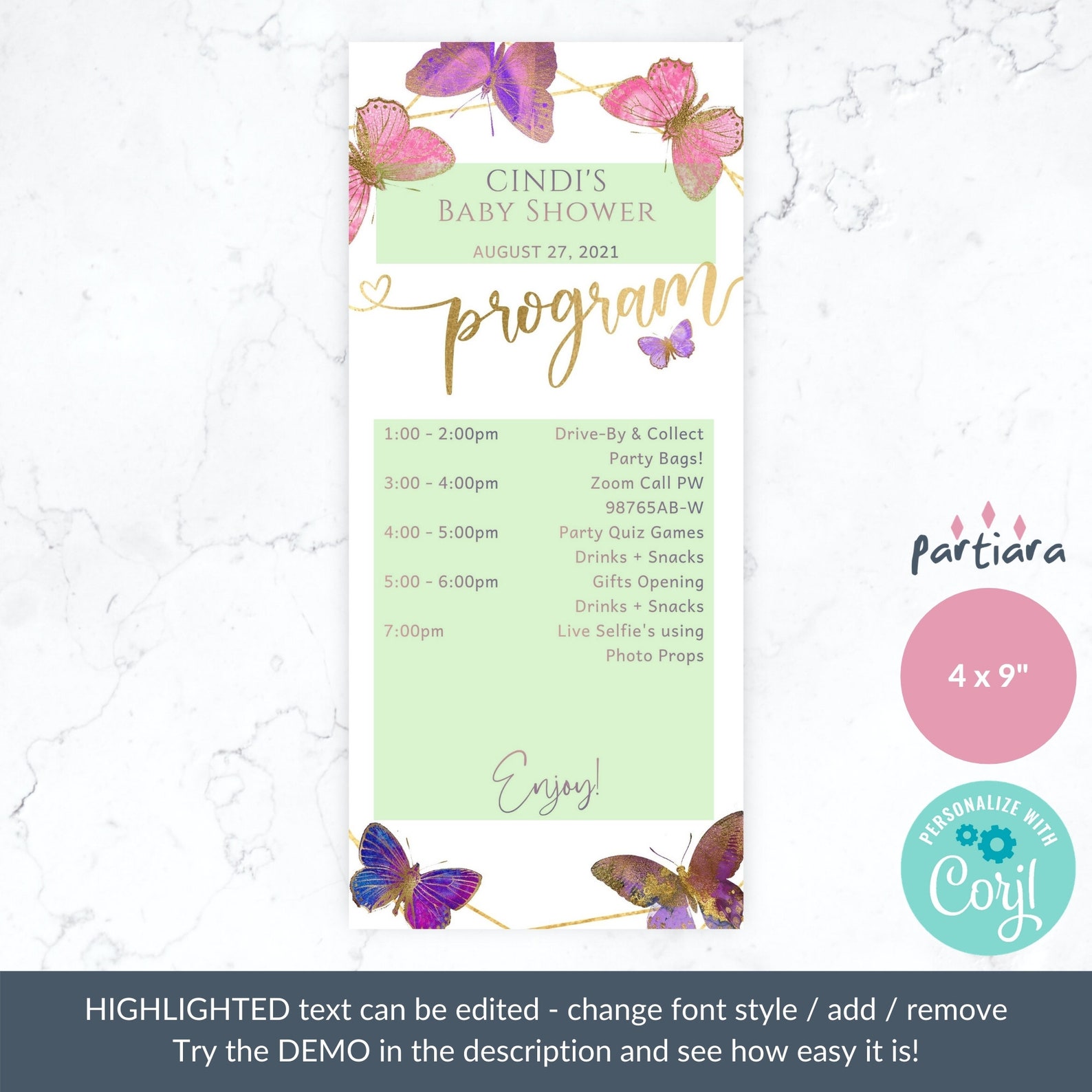 Baby Shower Program Details Card Butterfly Decor EDITABLE - Etsy