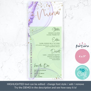 Purple Menu Dinner Table Decor Printable, Lilac and Gold Menus ...