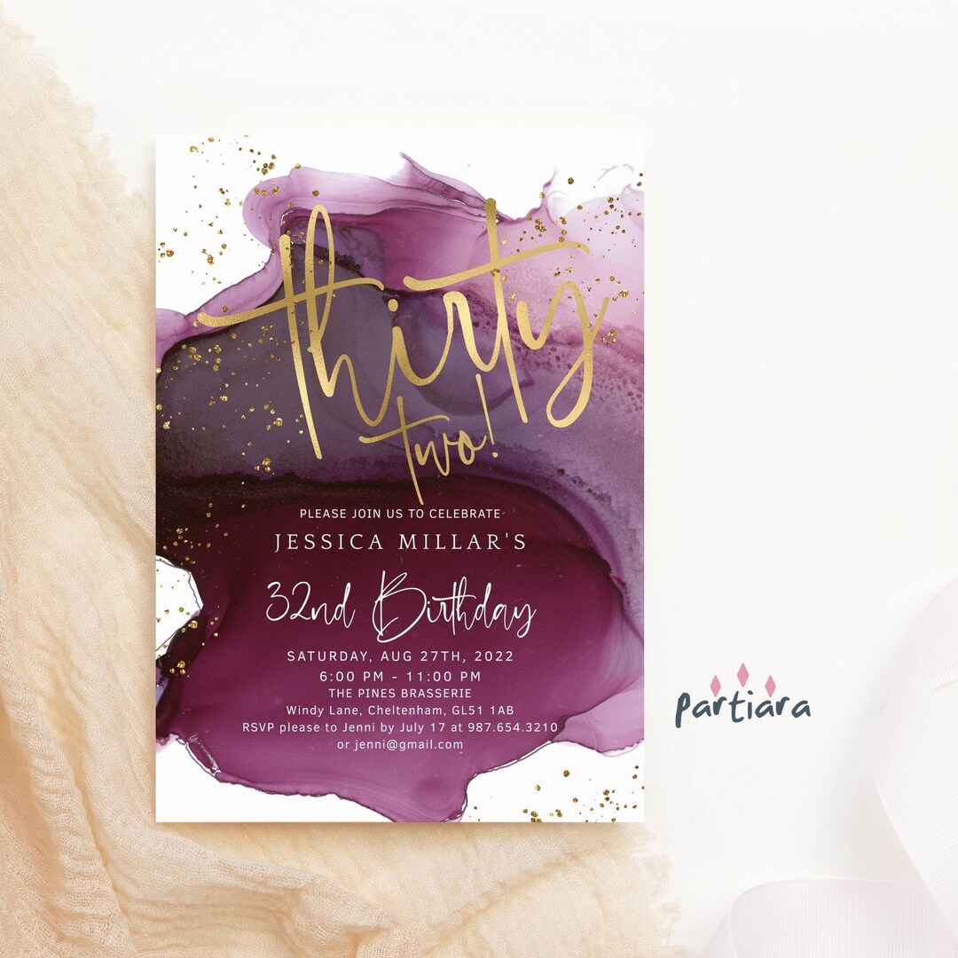 Purple Gold Birthday Invitation Ladies 32nd Birthday Party Invites ...