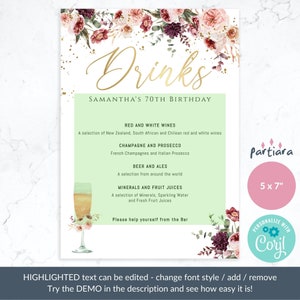 Ladies Drinks Menu, Birthday Bar Menu Card Template, Pink Red Floral ...