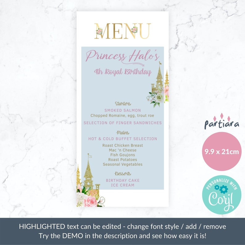 Princess Baby Shower Menu Printable Girl 1st Birthday Party Table Menus ...