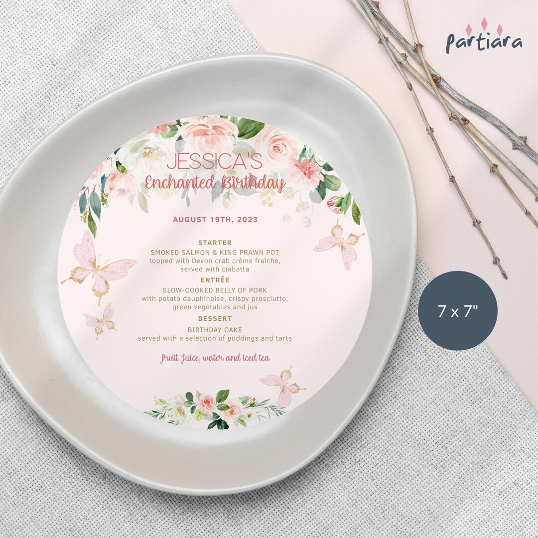 Pink Floral Butterfly Menu Charger Printable Girl Enchanted Birthday ...