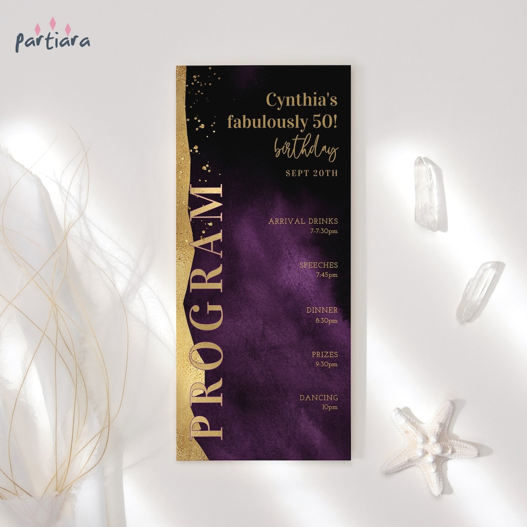 Purple Program Card Printable, Birthday Table Programs Editable ...