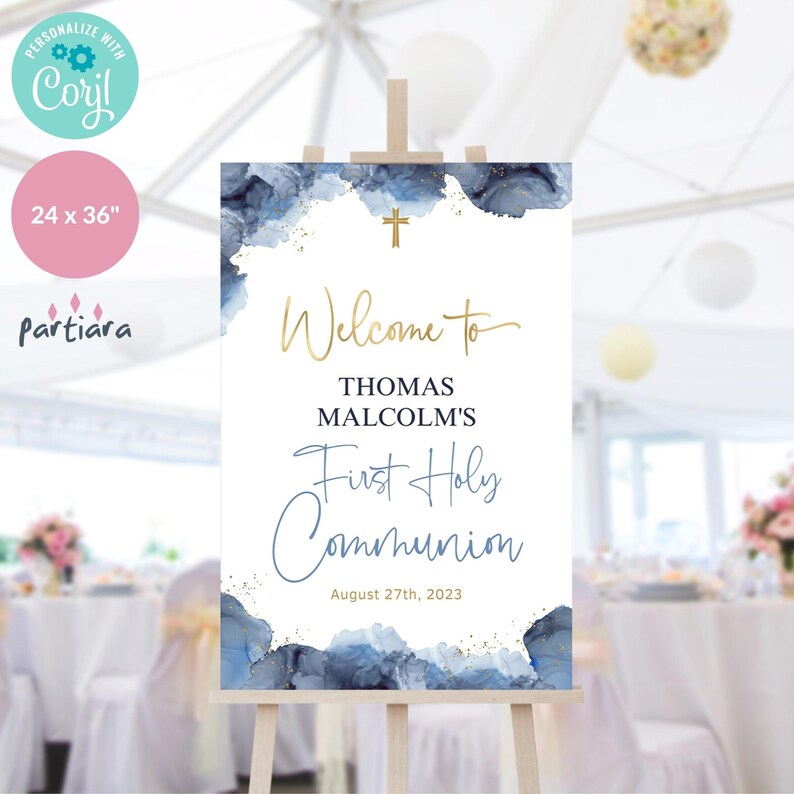 First Holy Communion Welcome Sign Boy Navy Denim Blue and Gold - Etsy